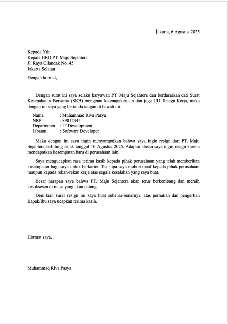 Template Surat Resign Kerja yang Benar Free Download Word